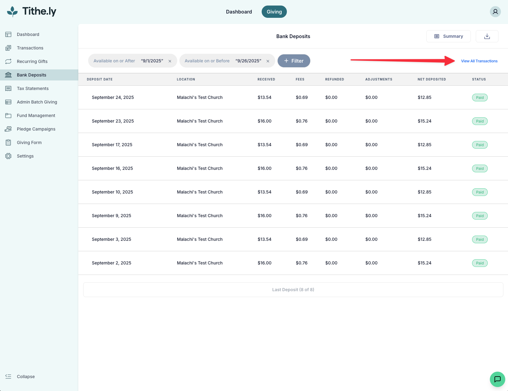 How to View and Export Transactions by Bank Deposit Date – Tithely